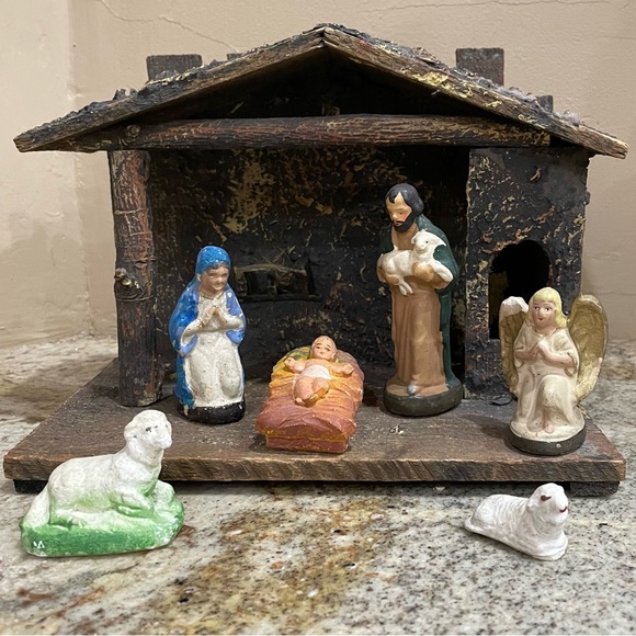 Holiday | Vintage Chalkware Nativity Set 7 Piece Christmas Germany Wood ...